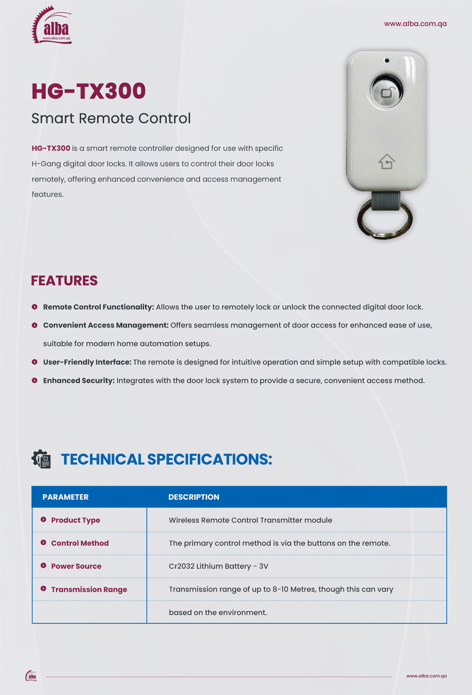 ALBA - HG-TX300 Digital Door Lock Remote Control - Alba Automation
