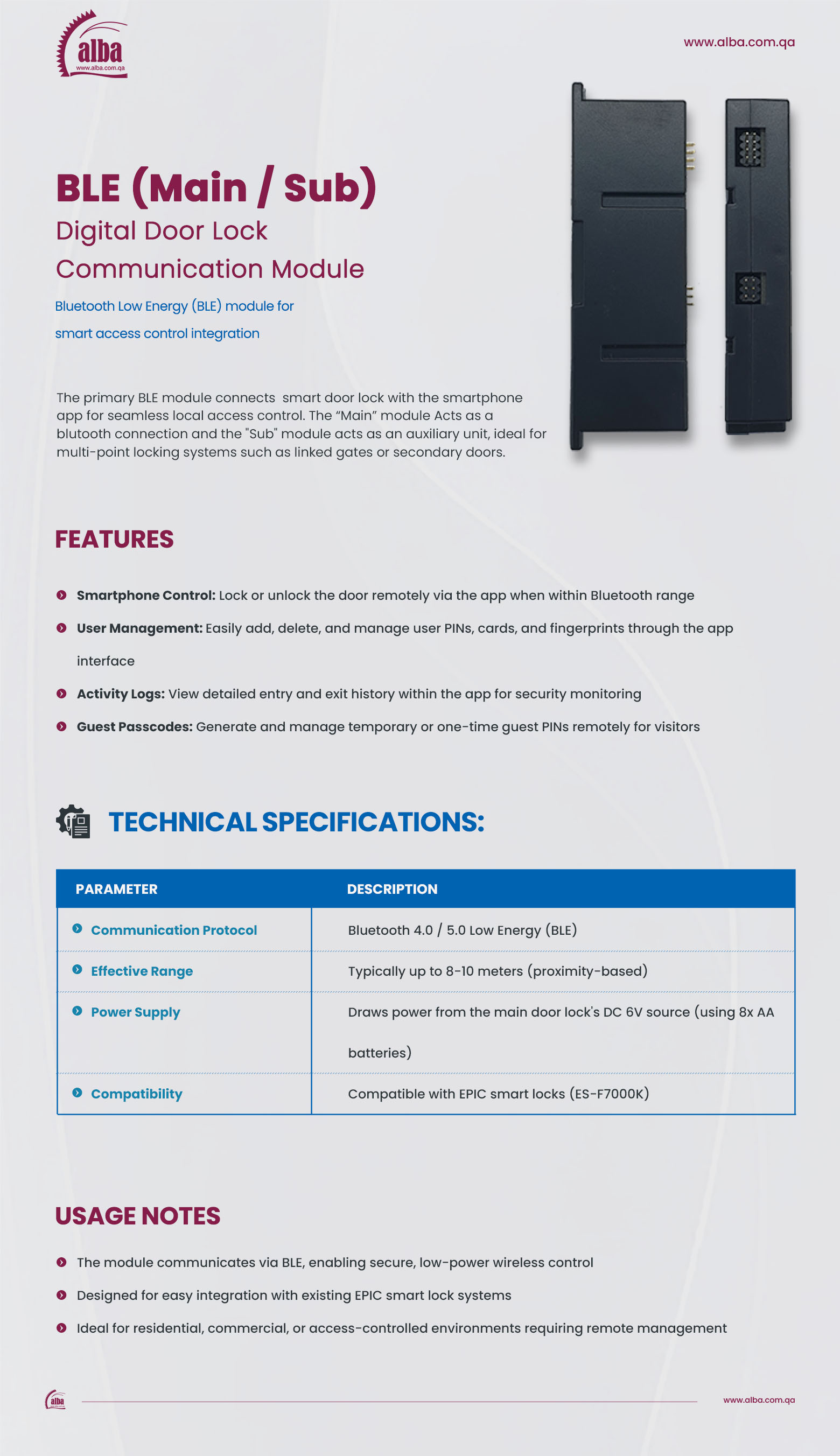 ALBA - BLE (Sub) Digital Door Lock Communication Module - Alba Automation