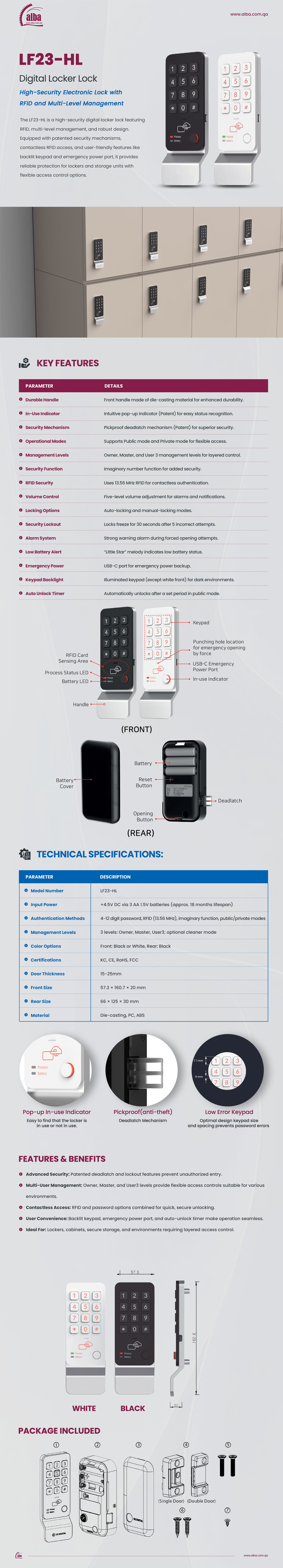 ALBA - LF23-HL RFID Locker Lock – Keypad Smart Lock with Alarm, Auto ...